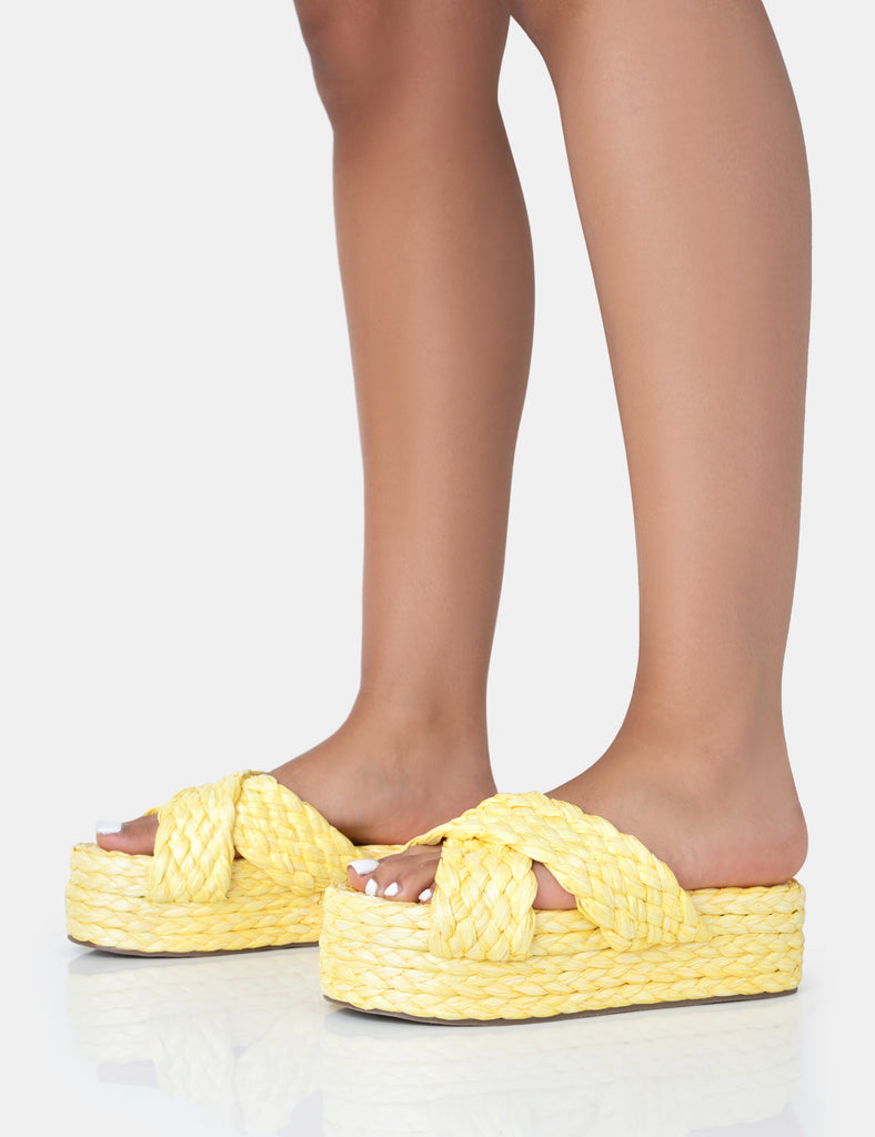 Kos Yellow Raffia Cross Over Strap Slip On Flatform Sandals | Public Desire