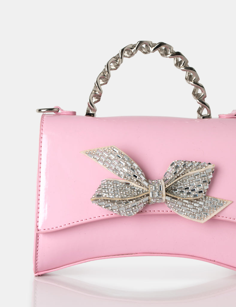 Bow Baby Pink Patent Chain Handle Diamante Grab Bag | Public Desire