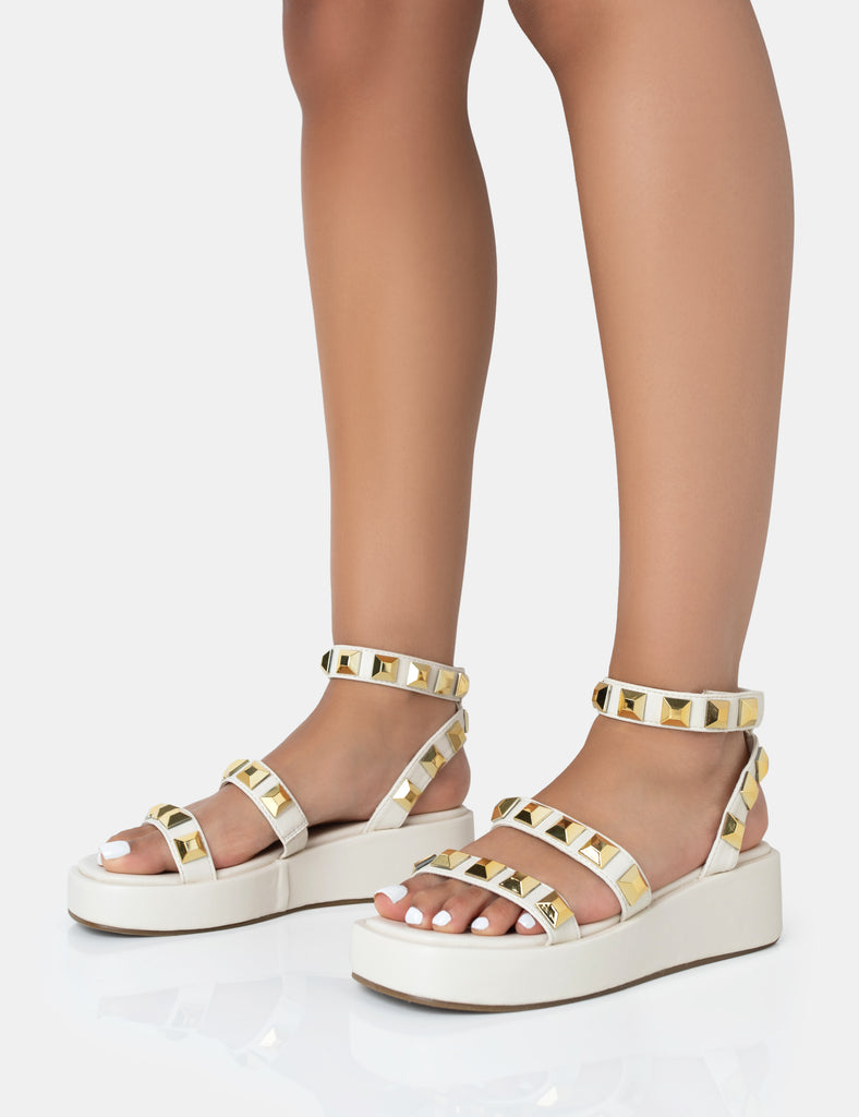 Wade Ecru Studded Strappy Platform Sandals| Public Desire