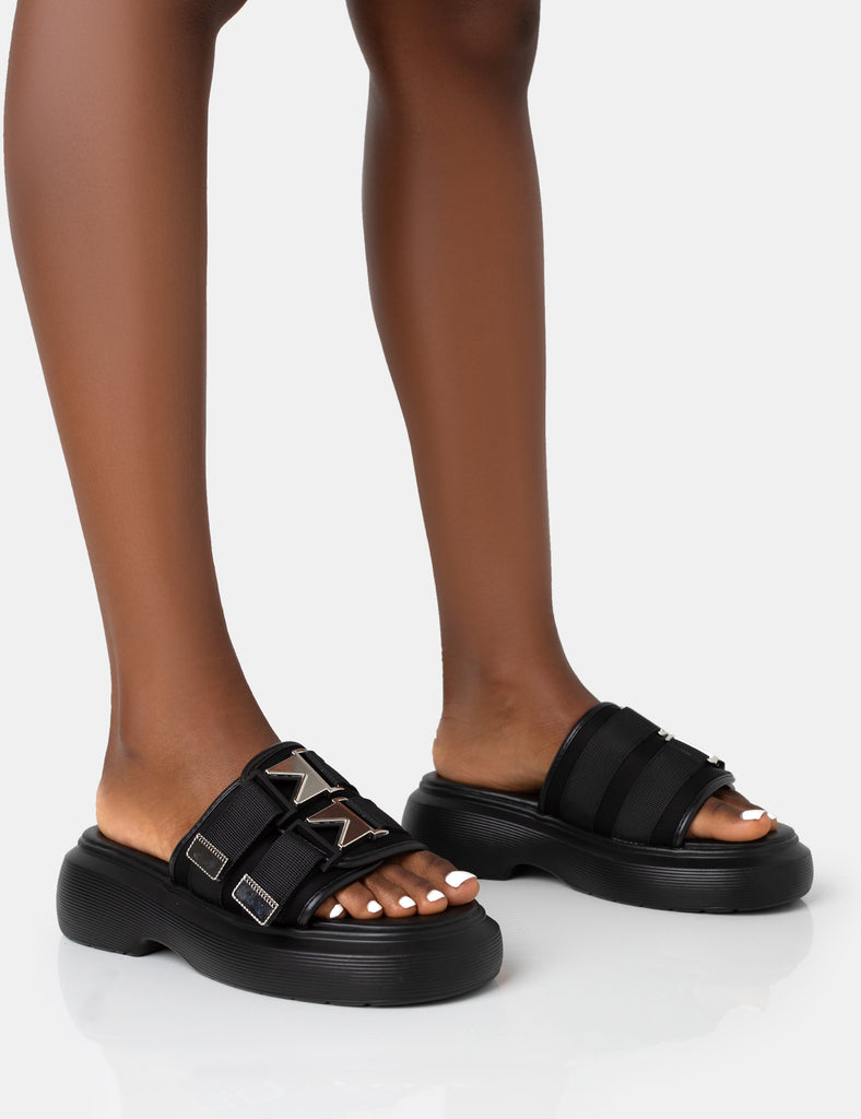 TRACE BLACK BUCKLE MULE CHUNKY SANDALS | Public Desire