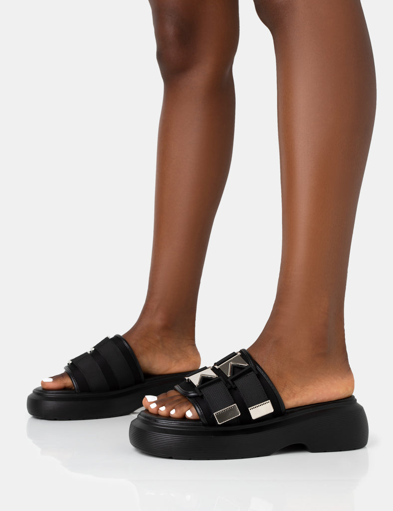 TRACE BLACK BUCKLE MULE CHUNKY SANDALS | Public Desire