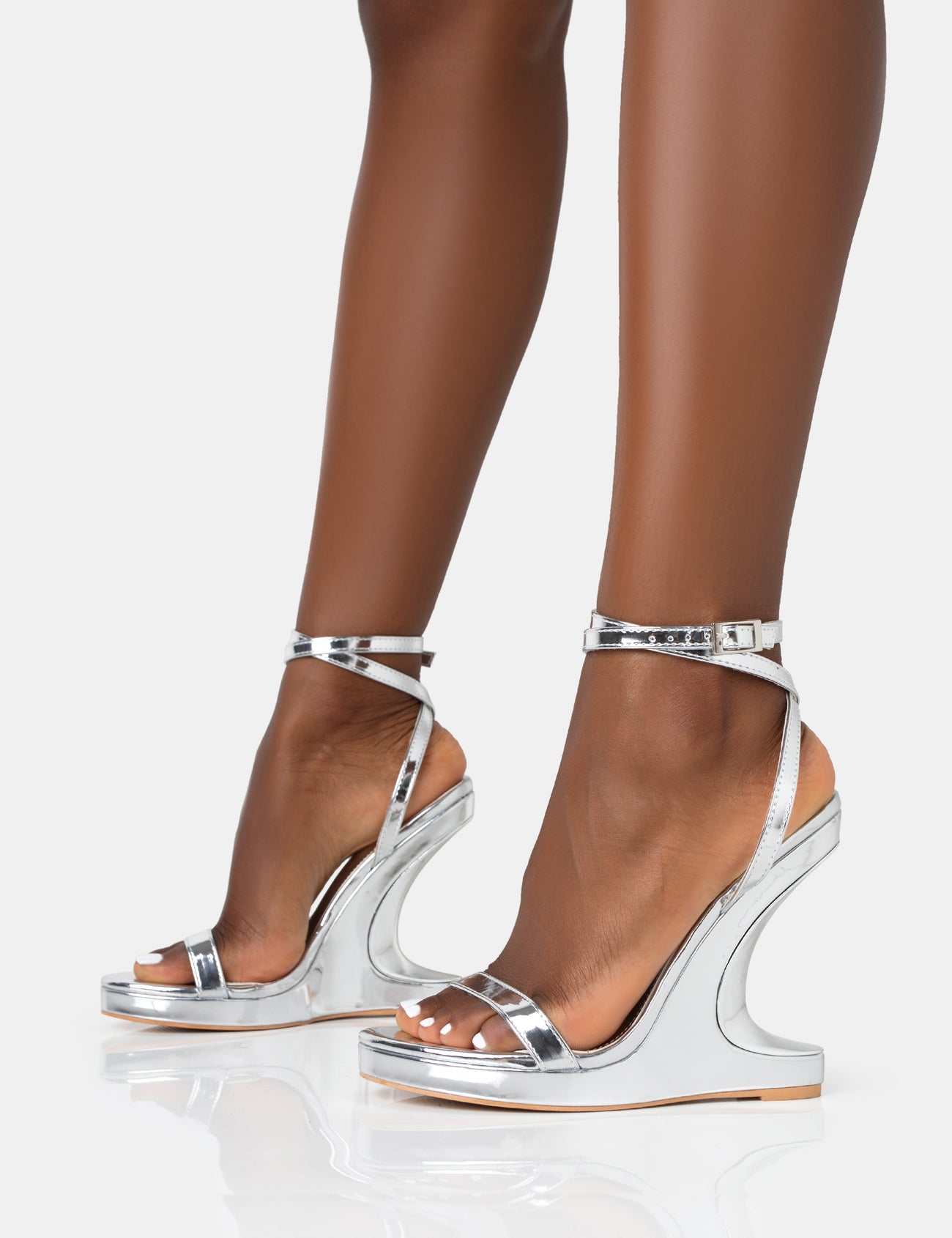 A-list Silver Mirror Barley There Wrap Around Platform Cut Out Wedge ...
