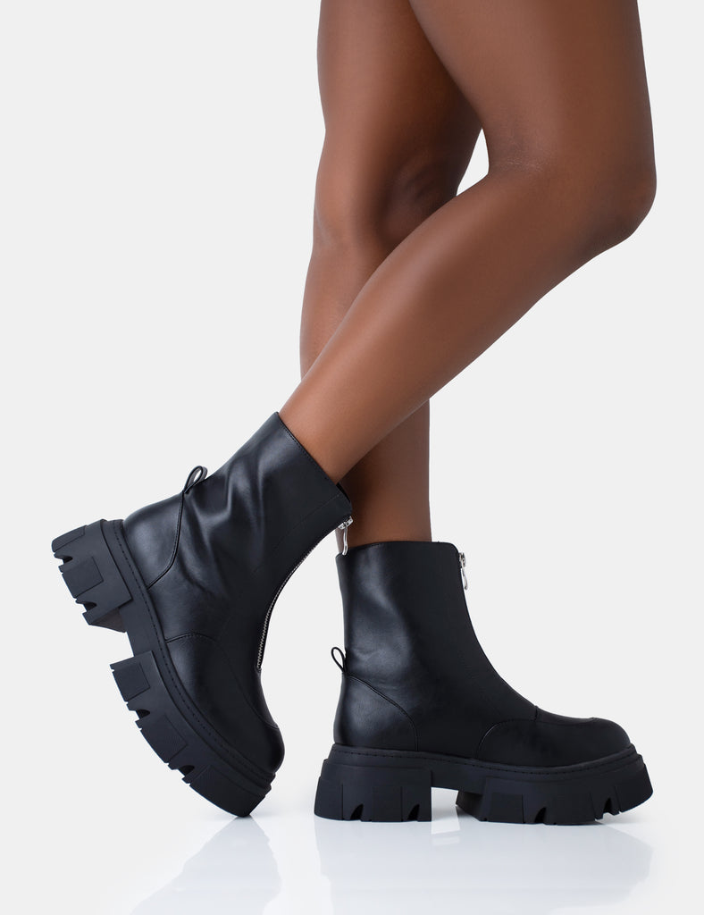 Bergen Black Pu Zip Up Chunky Ankle Boots | Public Desire