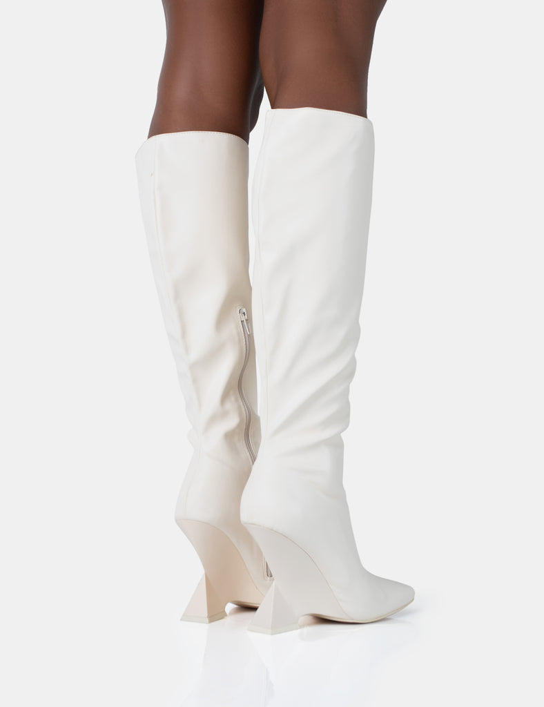 Vanessa Ecru PU Inverted Wedge Square Toe Heeled Knee High Boots ...