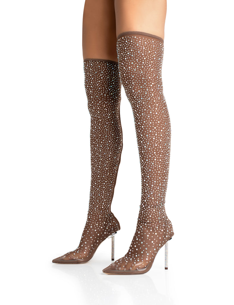 It Girl Chocolate Diamante Holographic Detailed Mesh Pointed Toe ...
