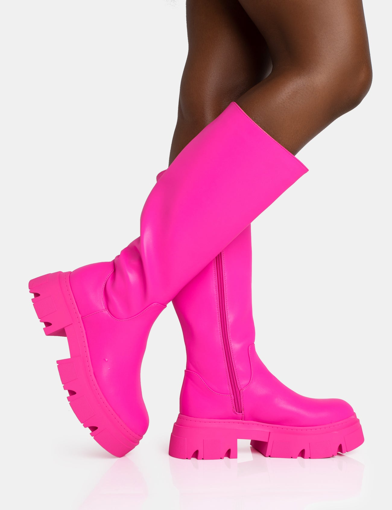 Scorpio Hot Pink Rubberised Pu Rounded Toe Chunky Sole Knee High Boots ...