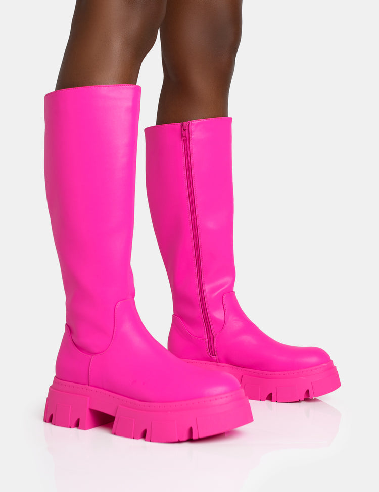 Scorpio Hot Pink Rubberised Pu Rounded Toe Chunky Sole Knee High Boots ...
