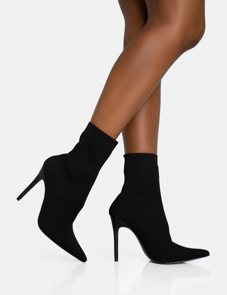 Mirival Black Knitted Stiletto Sock Pointed Toe Ankle Boots | Public Desire