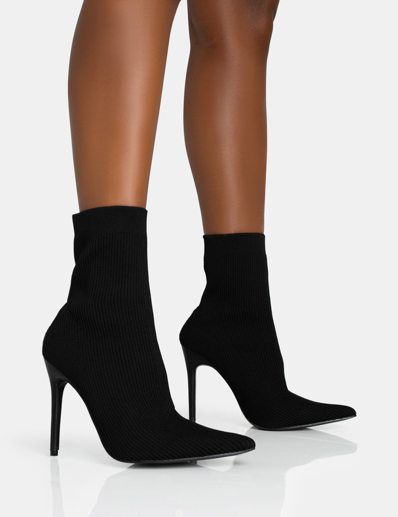 Mirival Black Knitted Stiletto Sock Pointed Toe Ankle Boots | Public Desire