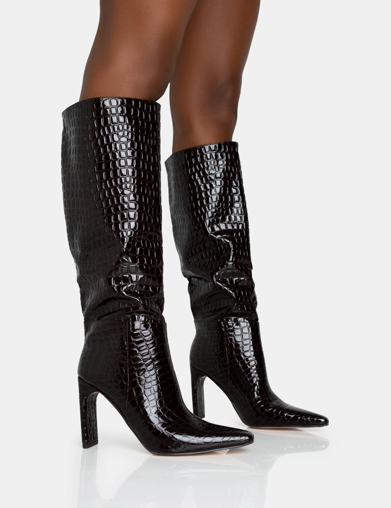 Undone Brown Patent Croc Knee High Zip Up Pointed Toe Thin Block Heeled ...
