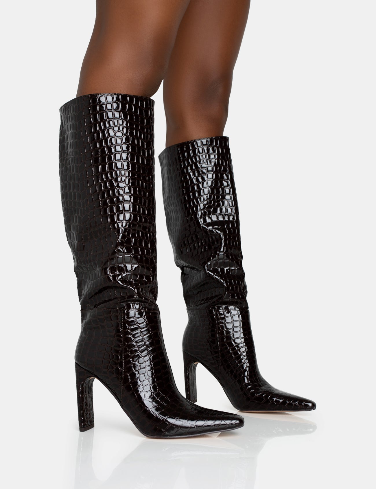 Undone Brown Patent Croc Knee High Zip Up Pointed Toe Thin Block Heeled ...