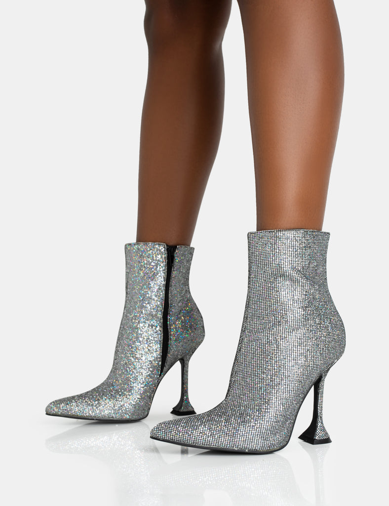 Arabella Silver Glitter Pointed Toe Cake Stand Heeled Ankle Boots ...