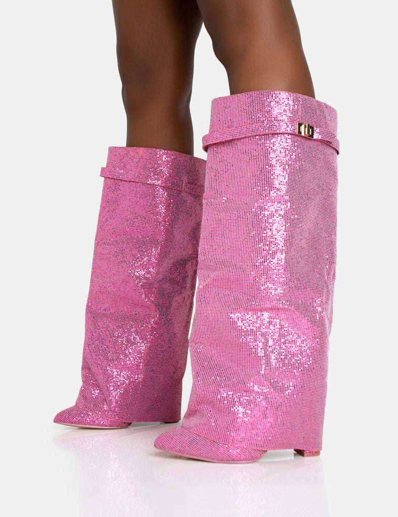 Echo Hot Pink Glitter Padlock Detail Fold Over Pointed Toe Knee High ...