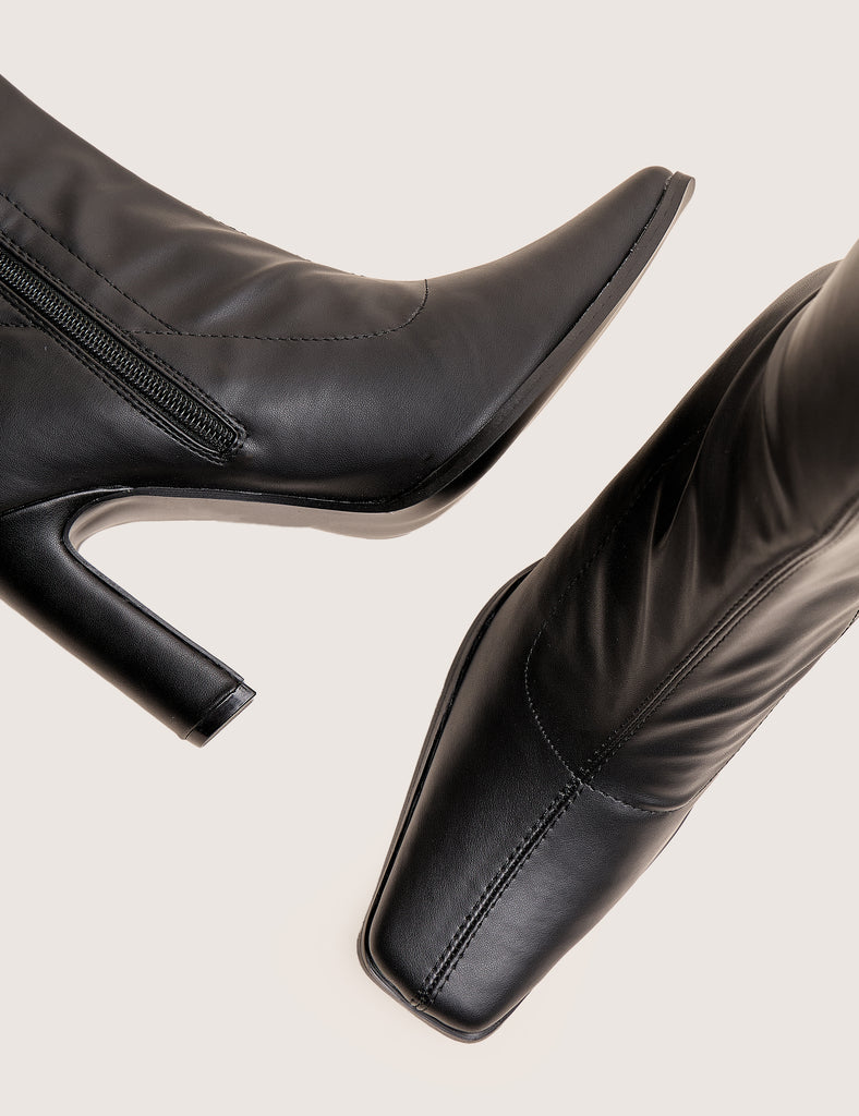 Aquaria Black Pu Over the Knee Flared Heel Boots | Public Desire