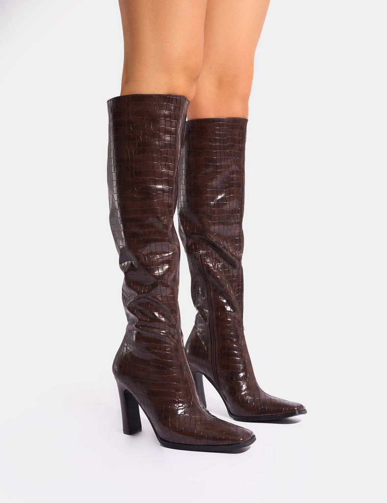 Acquilla Brown Croc Knee High Flared Heel Boots | Public Desire
