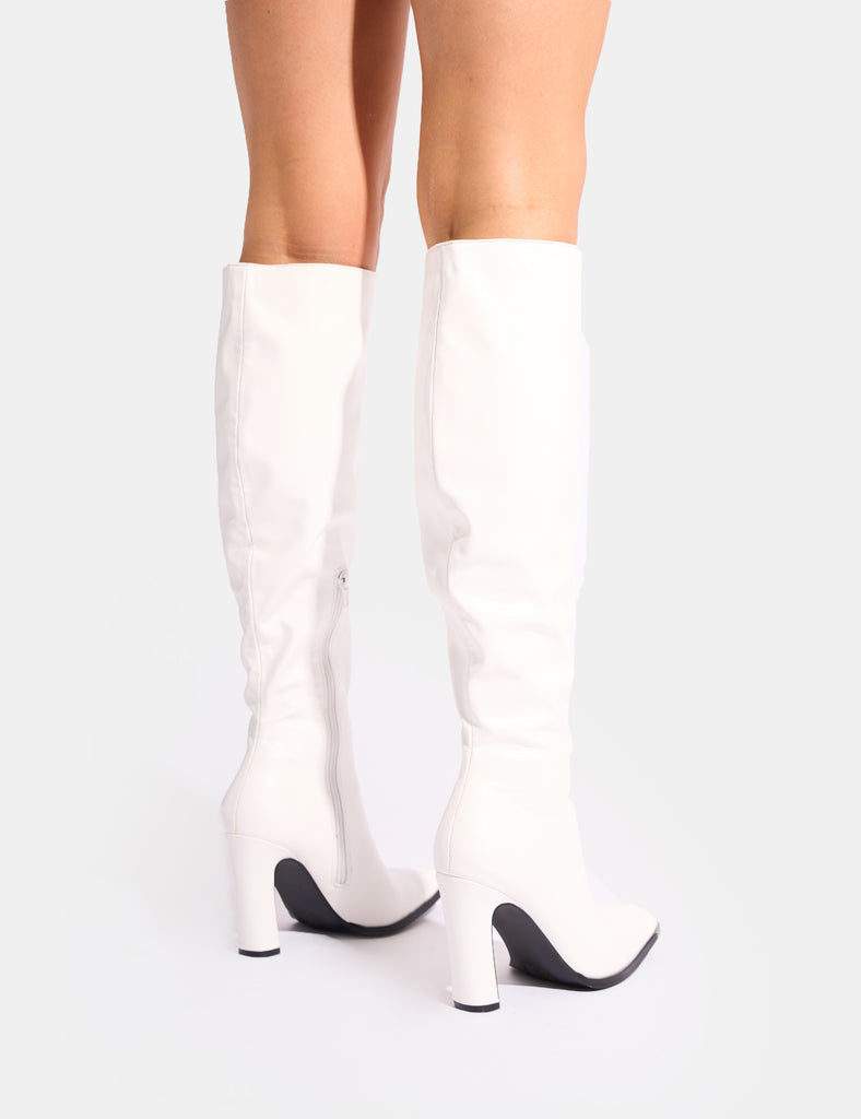 Acquilla White Knee High Flared Boots | Public Desire