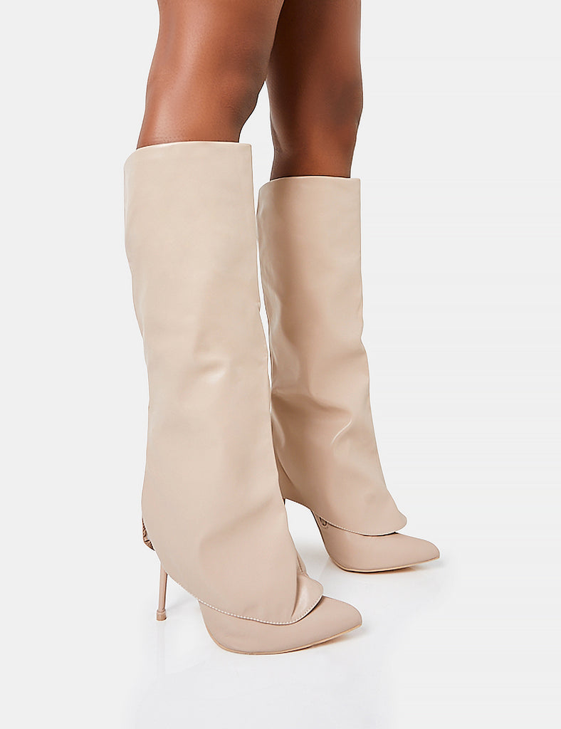 All Yours Nude Pu Fold Over Pointed Toe Stiletto Knee High Boots ...