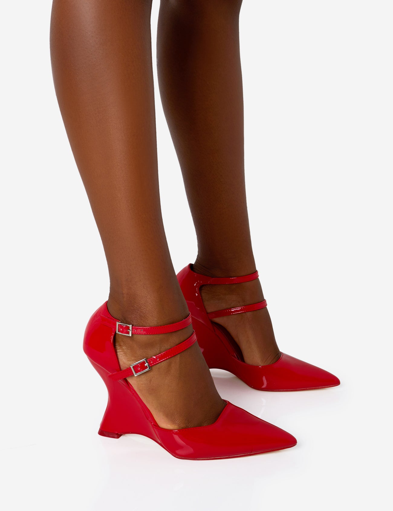 Aspiration Red Patent Strappy Pointed Toe Platform Cut Out Wedge Heels ...
