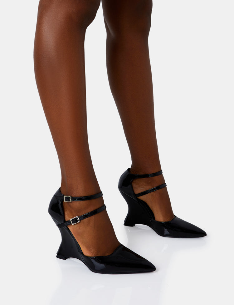 Black Patent Strappy Platform Wedge Heels | Public Desire