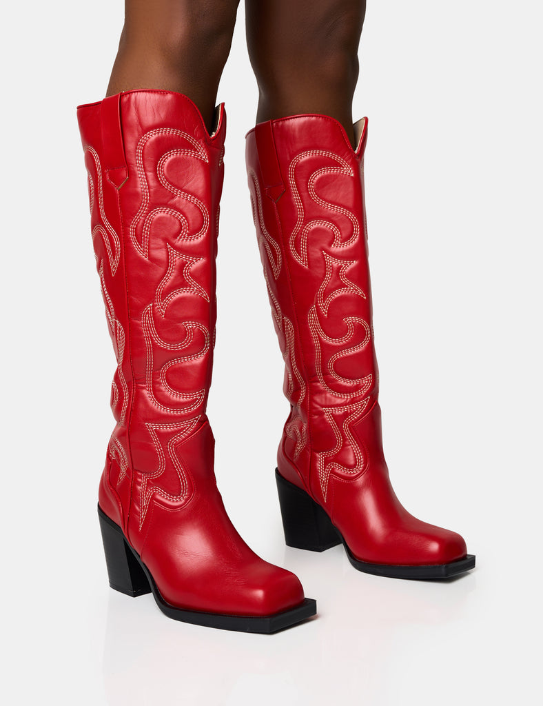 Austine Red Western Block Heel Knee High Boots | Public Desire