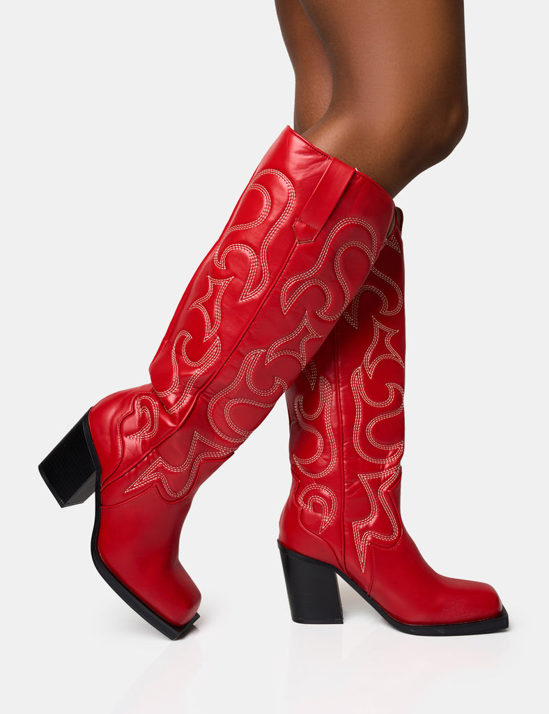 Austine Red Western Block Heel Knee High Boots | Public Desire