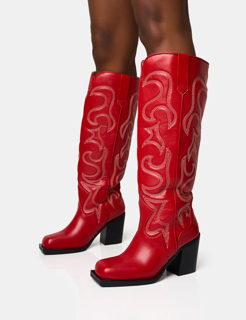 Austine Red Western Block Heel Knee High Boots | Public Desire