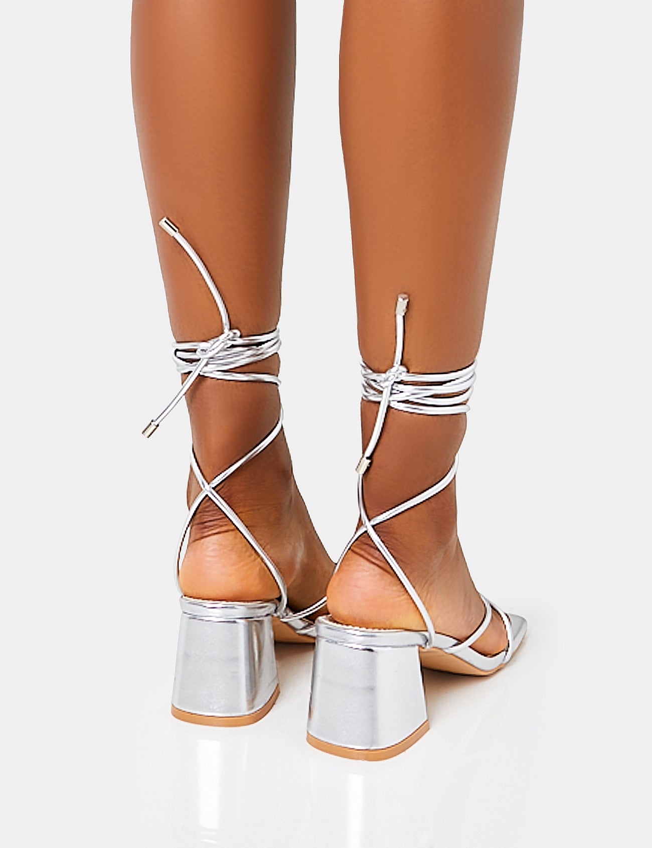 Aerin Wide Fit Silver Metallic Lace up Strappy Square Toe Block Mid ...