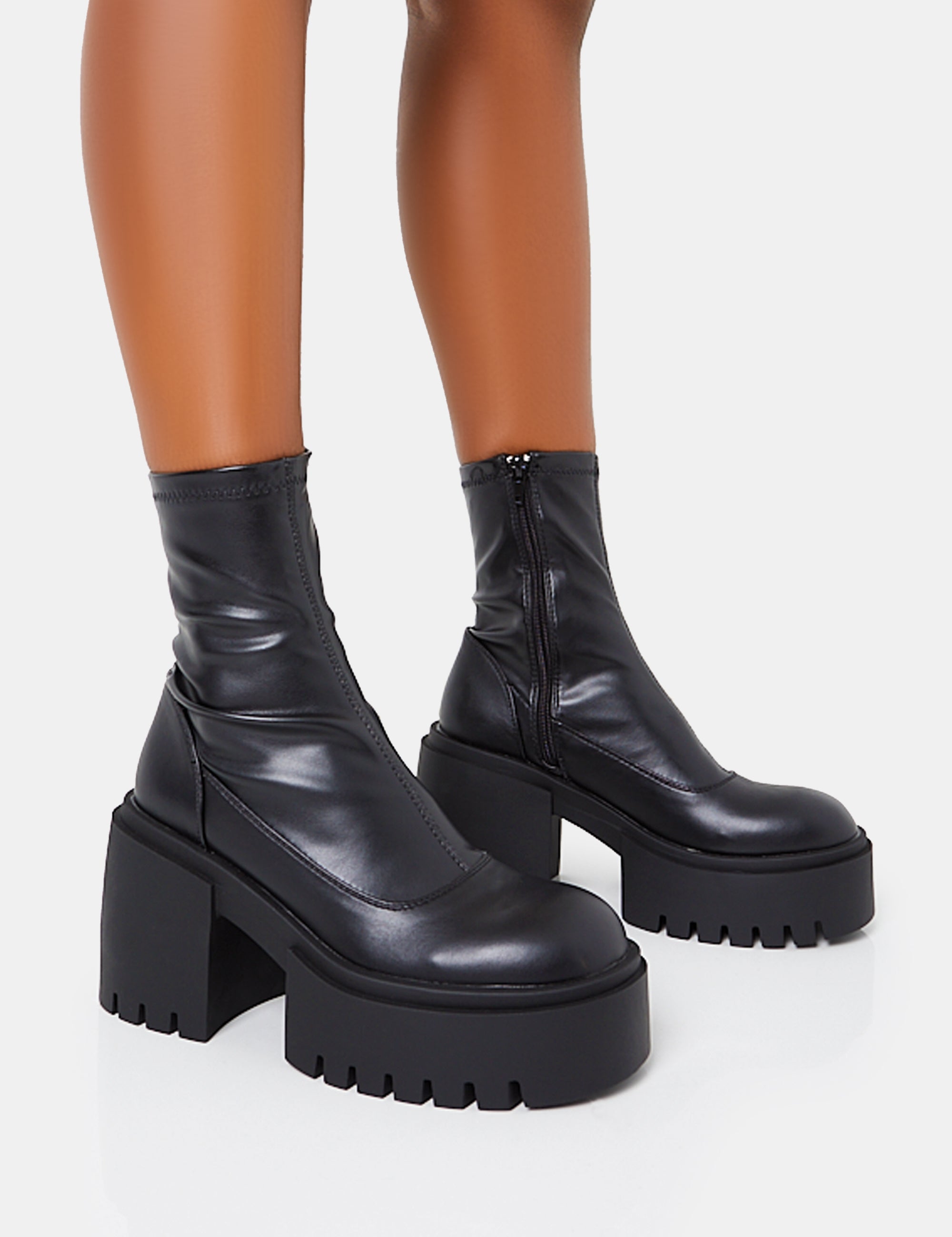 Demeter Black Pu Chunky Heeled Platform Ankle Boots | Public Desire