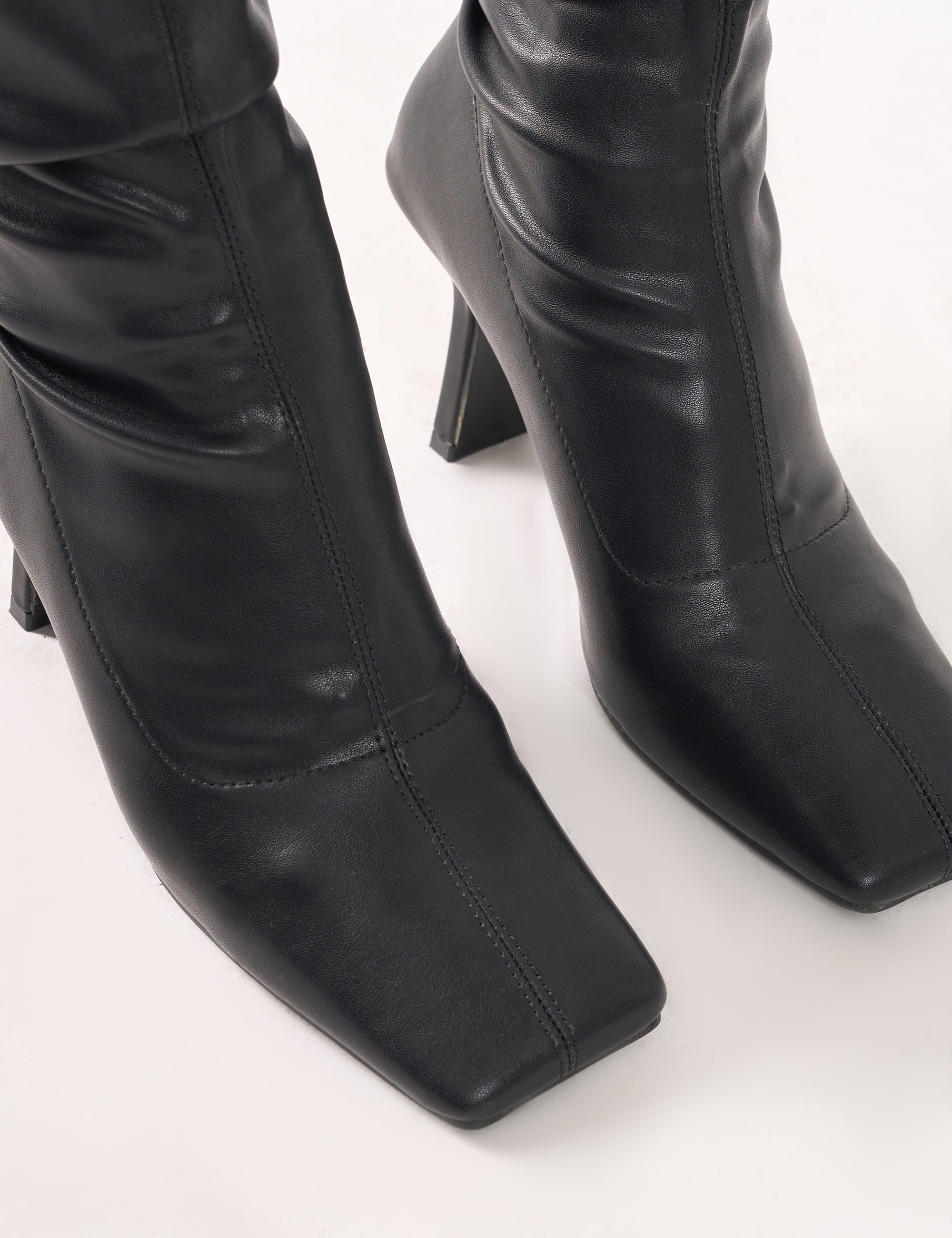 Electra Black Square Toe Mid Heeled Thigh High Boots | Public Desire