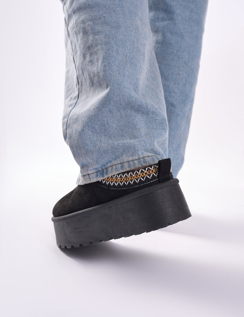 Nutmeg Black Faux Fur Lined Platform Mules|Public Desire