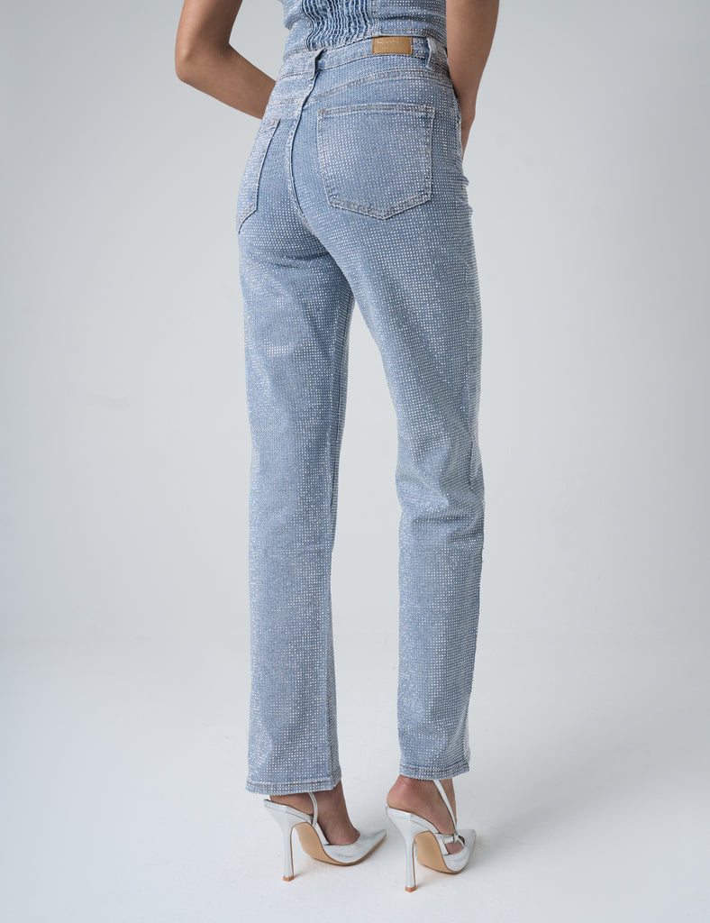 Diamante Straight Fit High Rise Denim Jeans Blue | Public Desire