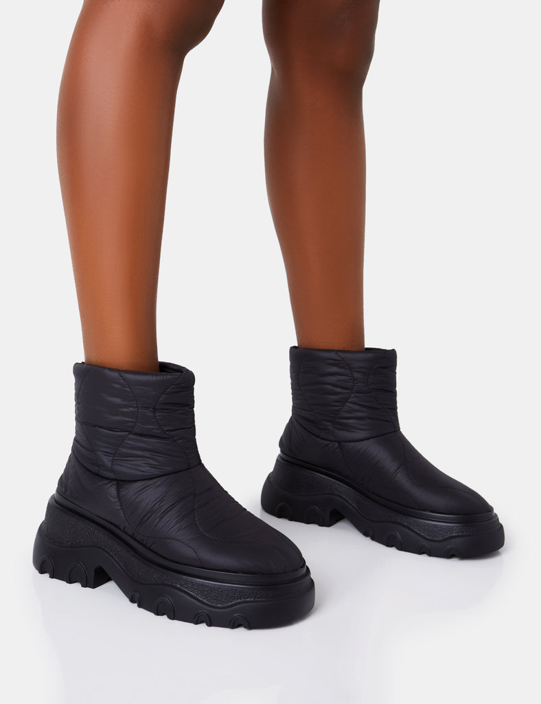 Frostbite Black Nylon Chunky Ankle Boots | Public Desire
