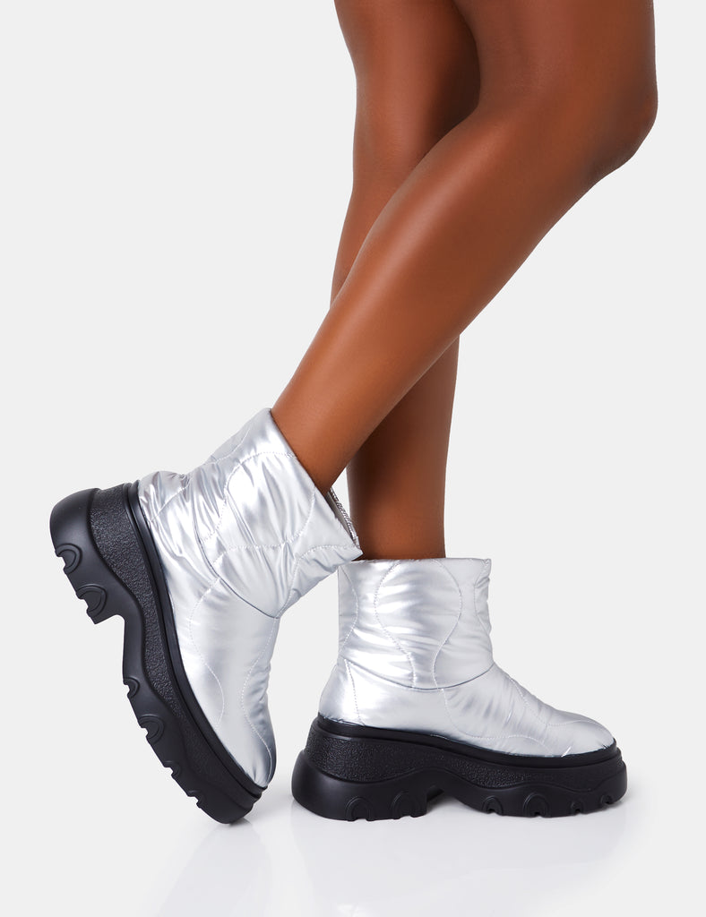 Frostbite Metallic Silver Chunky Ankle Boots | Public Desire