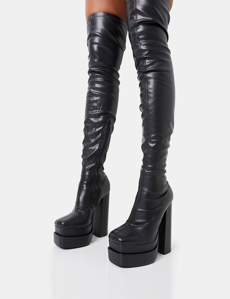 Identity Black Grain Pu Platform Heel Over The Knee Boots | Public Desire