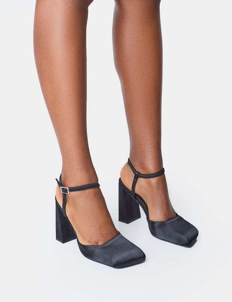 Leighton Black Satin Slant Toe Block Heels | Public Desire