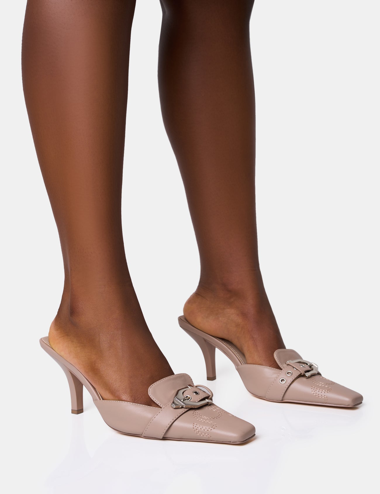 Macchiato Taupe Western Buckle Detail Mid Heel Mules | Public Desire