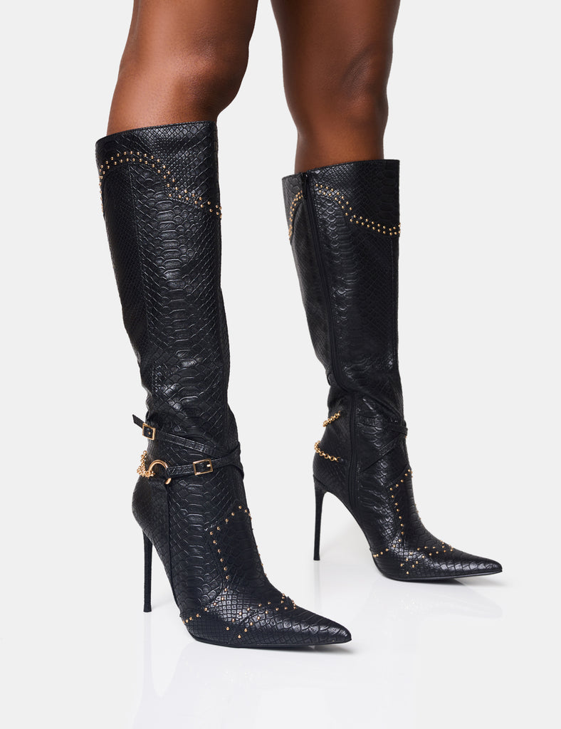 Main Character Embellished Vintage Black Pointed Toe Stiletto Boots ...