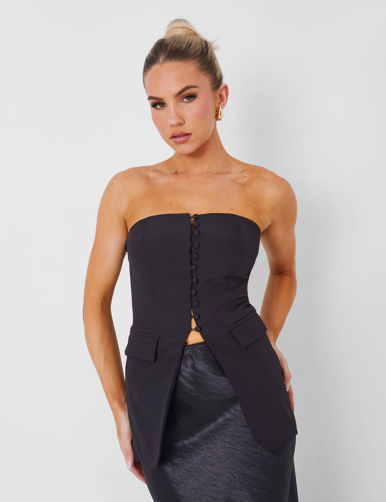 Kaiia Tailored Bandeau Split Front Top in Black | Public Desire