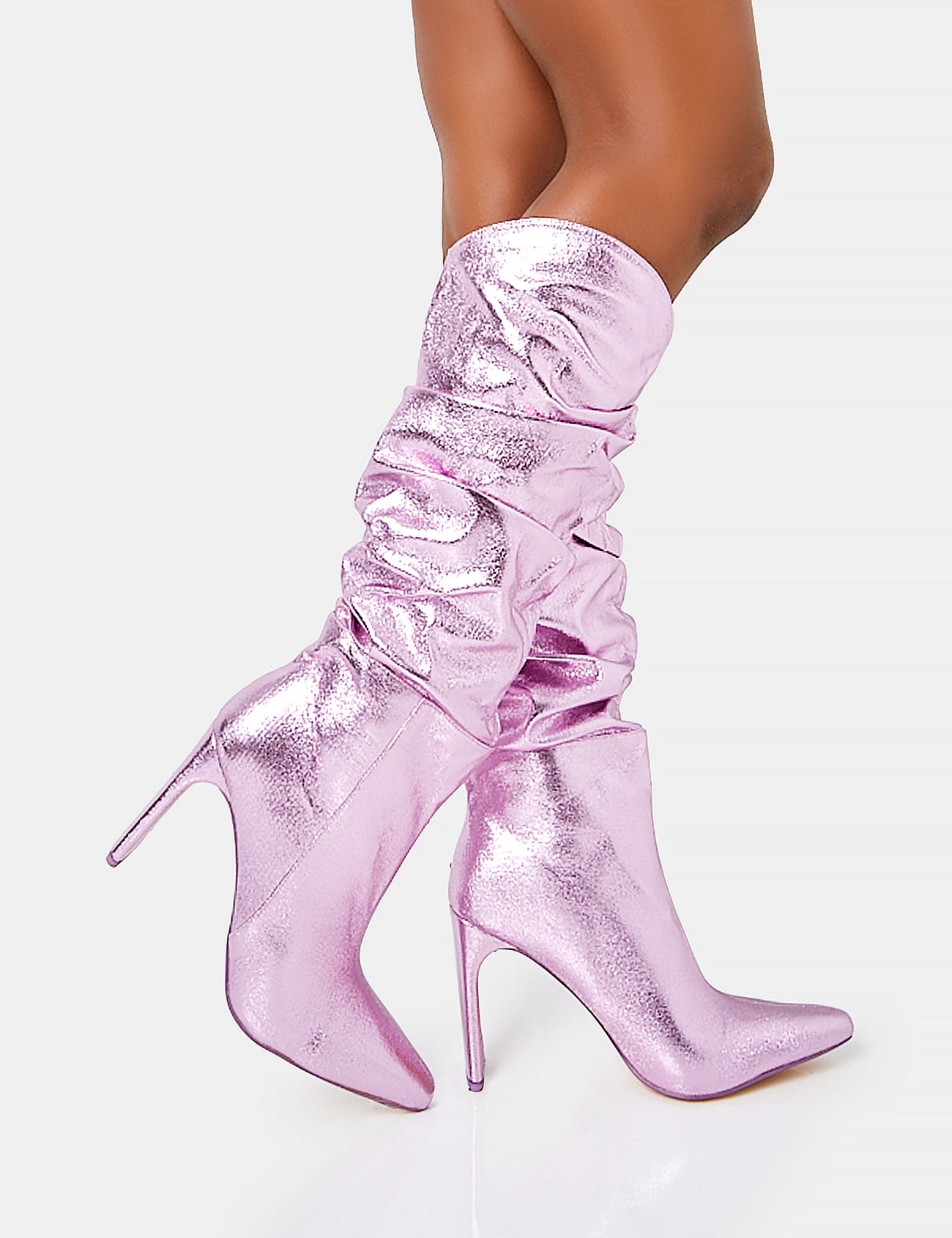 Manhattan Metallic Pink Pointed Toe Knee High Narrow Block Heel Boots ...