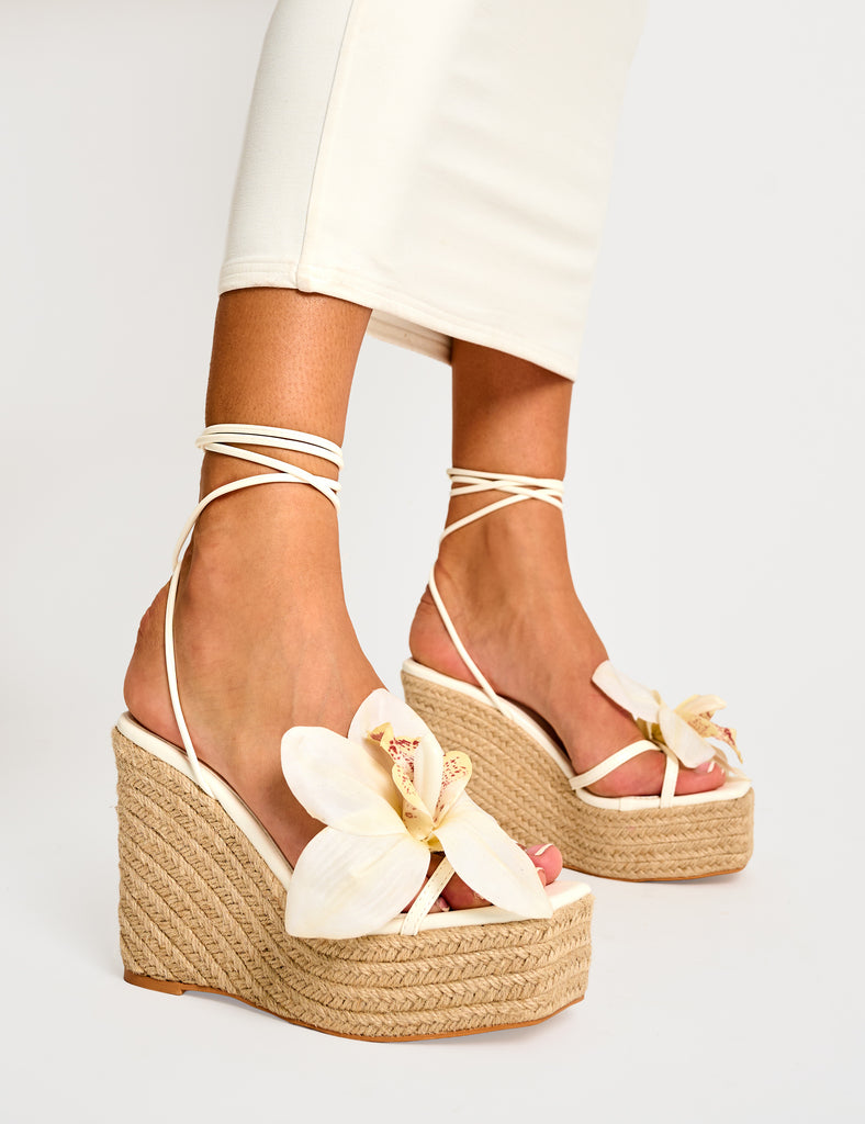 Poolparty Cream 3-D Floral Lace Up Jute Wedges | Public Desire