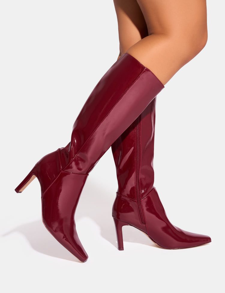 Pose Burgundy Patent Zip Knee High Slim Block Heeled Boots | Public Desire