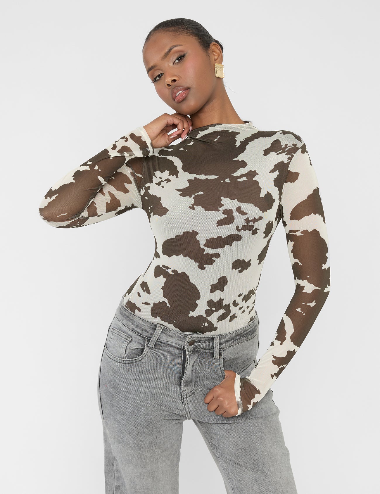 Long Sleeve High Neck Bodysuit Cow Print | Public Desire