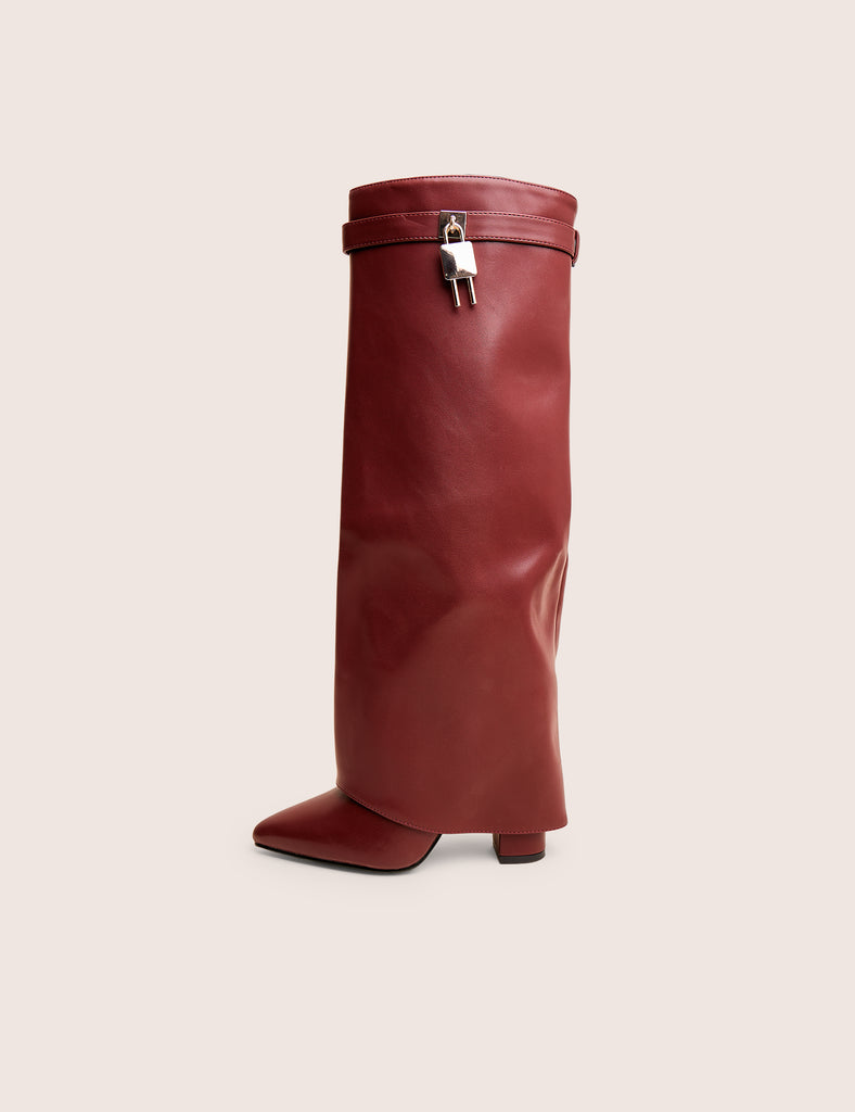 Reese Burgundy Fold Over Pu Knee High Boots | Public Desire