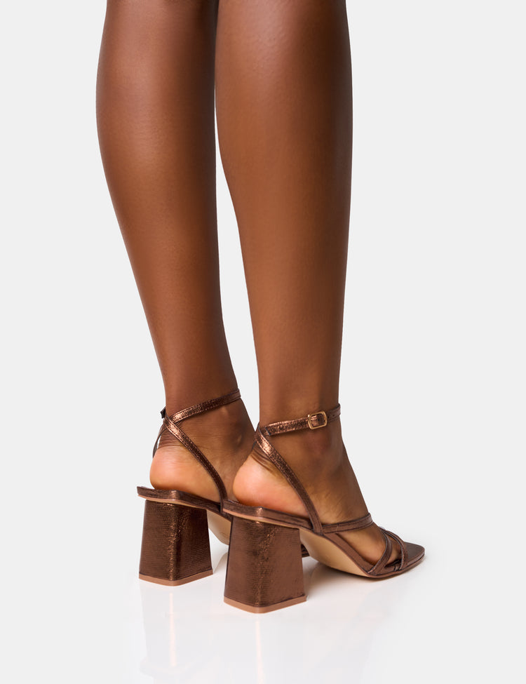 Robin Bronze Strappy Mid Block Heels | Public Desire