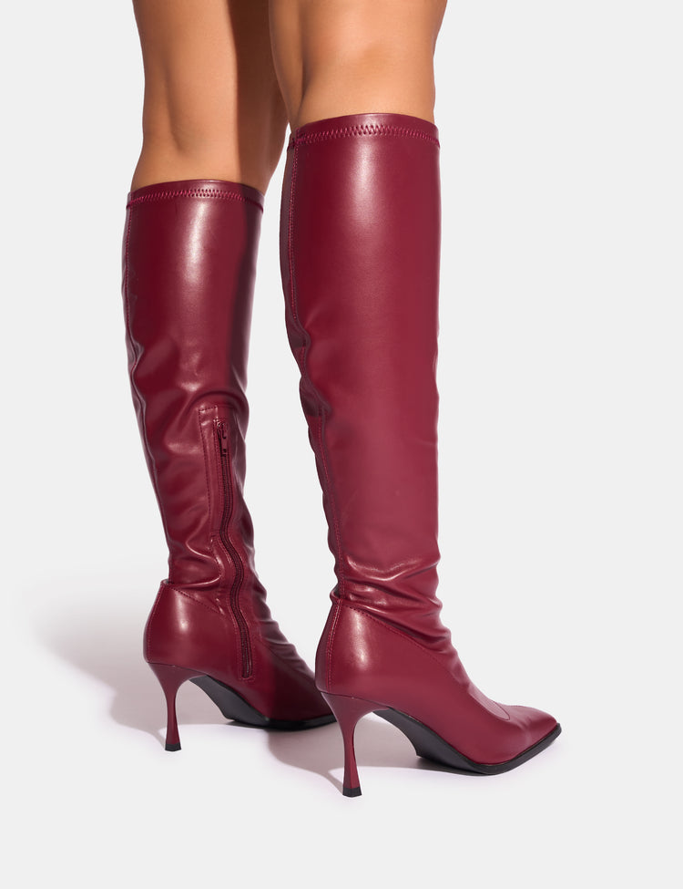 Scorpion Cracked Burgundy Mid Heel Sock Knee High Boots | Public Desire