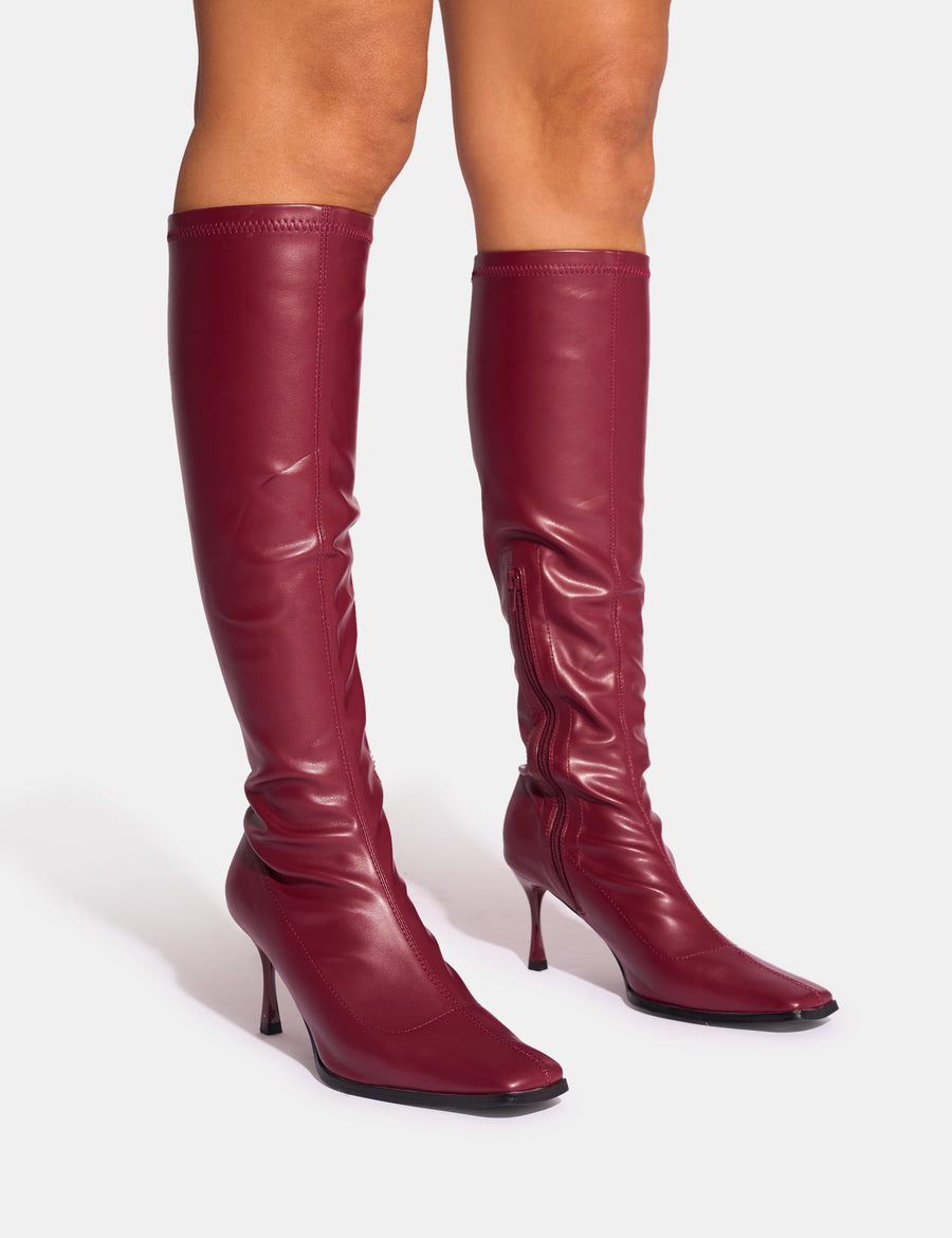 Burgundy Knee High Boots | Public Desire