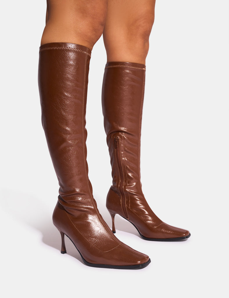 Scorpion Chocolate Mid Heel Sock Knee High Boots | Public Desire