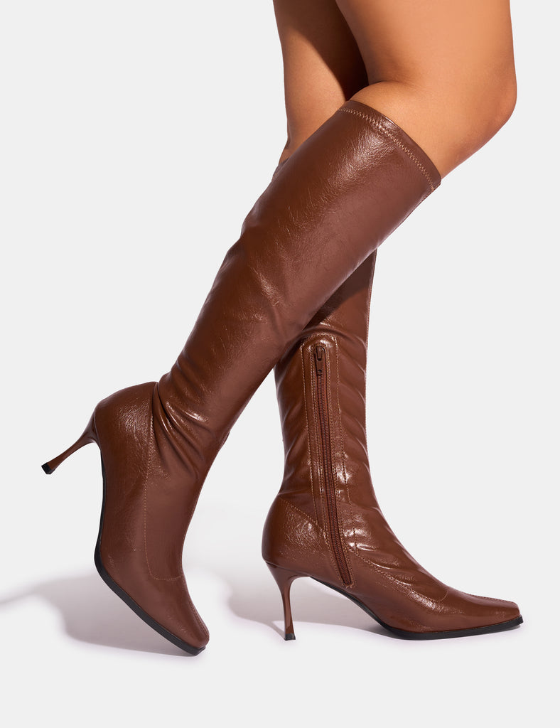 Scorpion Chocolate Mid Heel Sock Knee High Boots | Public Desire