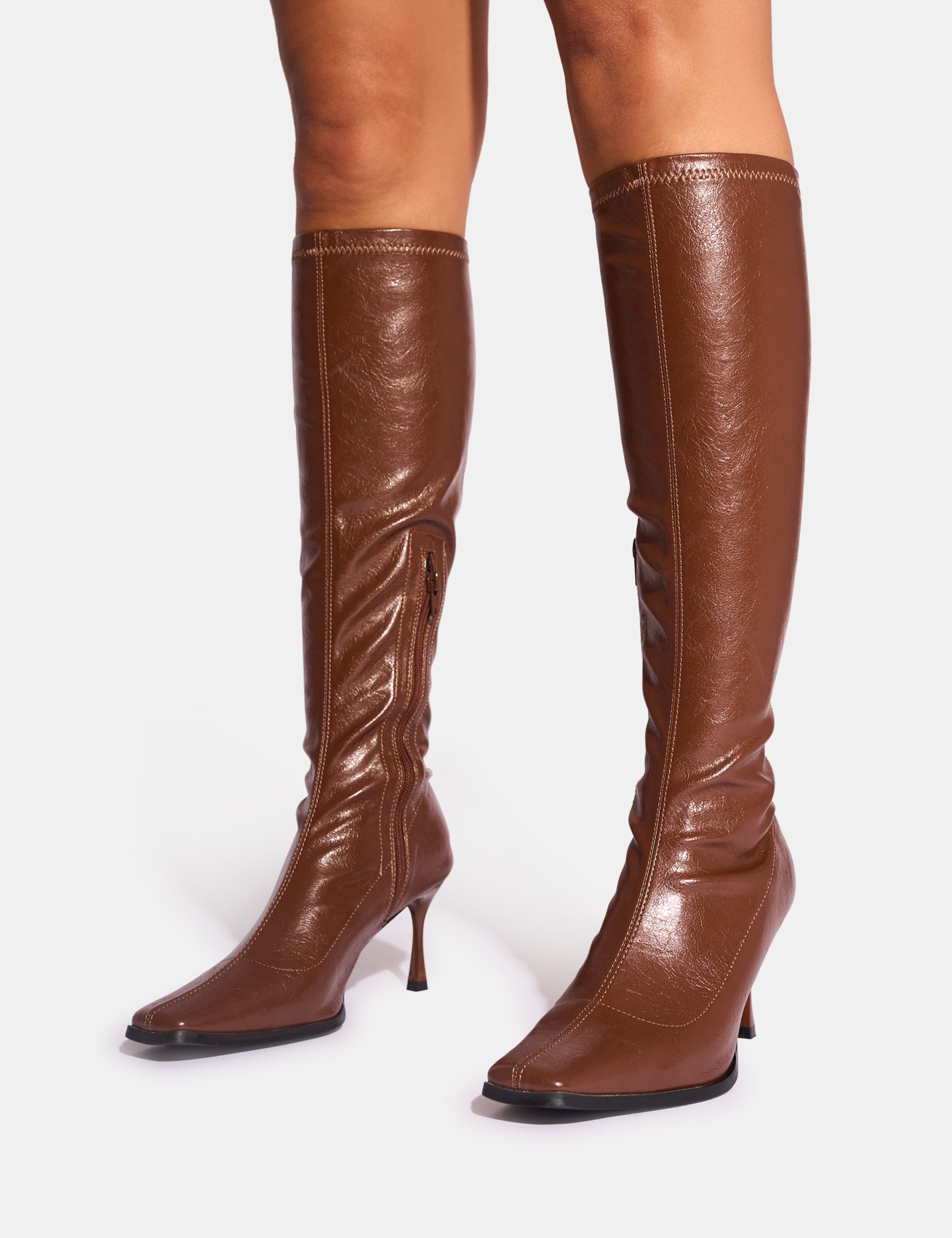 Scorpion Chocolate Mid Heel Sock Knee High Boots | Public Desire