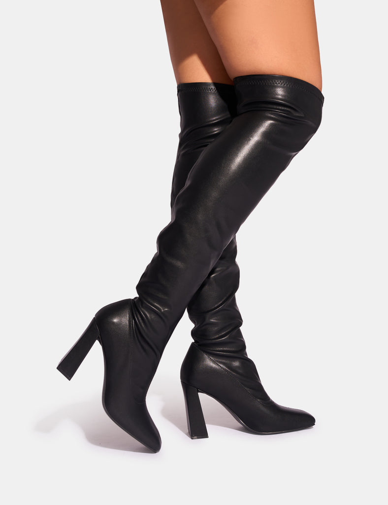 Showoff Black Pu Block Heel Over the Knee Boots | Public Desire